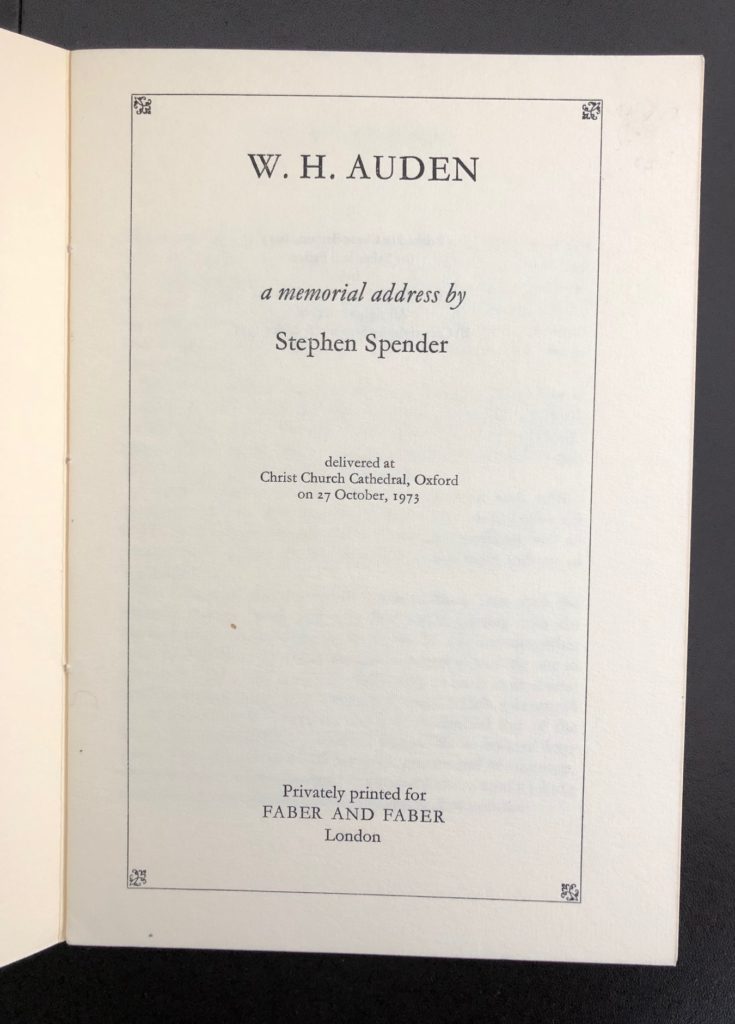 Spender, Stephen (Ed.) ~ W.H. Auden – A Tribute : Signed By The Author ...